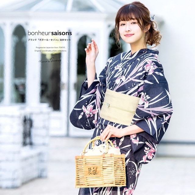 浴衣セット レディース 浴衣セット 作り帯 大人 3点セット（浴衣/帯/下駄） bonheur saisons ボヌールセゾン 紺 ネイビー 紫 クリーム 菖蒲 あやめ 花 綿麻 夏 花火大会