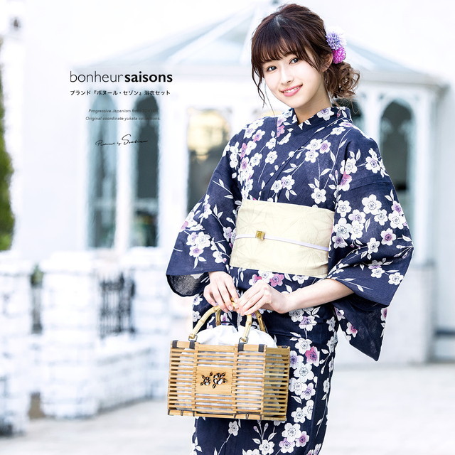 浴衣セット レディース 浴衣セット 作り帯 大人 3点セット（浴衣/帯/下駄） bonheur saisons ボヌールセゾン 紺 ネイビー クリーム 桜 さくら 花 綿麻 夏 花火大会