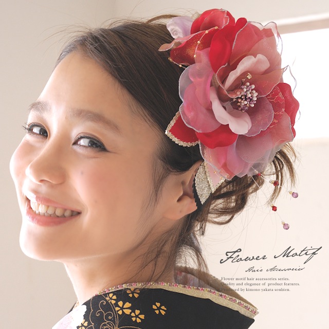 成人式 髪飾り 成人式の髪飾り 赤 2点セット 花 フラワー オーガンジー レース ラメ ビーズ 和装