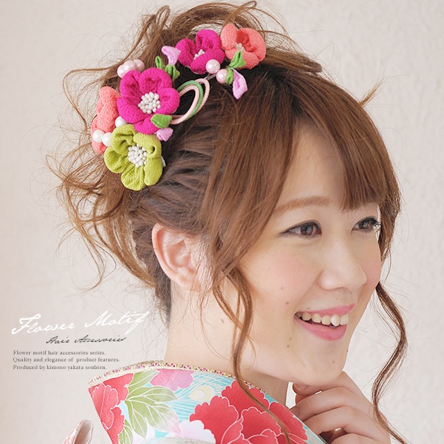 成人式 髪飾り 成人式の髪飾り 2点セット ピンク 黄緑 紅紫 縮緬 水引 コーム パール Uピン 髪留め 髪飾り ヘアアクセサリー 袴 浴衣 着物 振袖 卒業式 和装