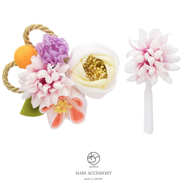 成人式 髪飾り 成人式の髪飾り 2点セット 白系 ホワイト ピンク 椿 ツバキ ピンポンマム 花 玉飾り 組紐 縮緬 ちりめん つまみ細工 房飾り コーム Uピン 髪留め 卒業式向け 振袖向け 袴向け ヘアアクセサリー 日本製 和装