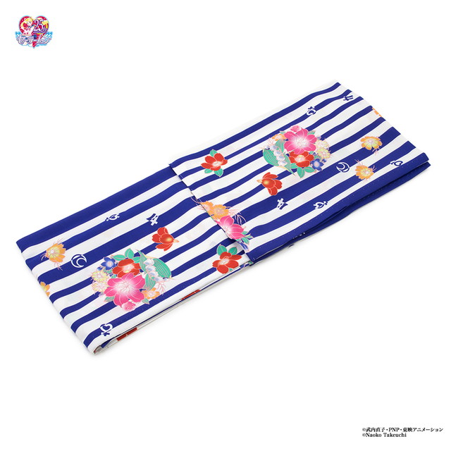 浴衣 レディース 美少女戦士セーラームーン 京都丸紅 セーラー５戦士柄 守護星マーク 紺色系 ネイビー 花柄 縞 ストライプ モダン Sailor Moon 女性用 仕立て上がり 【フリーサイズ】【送料無料】