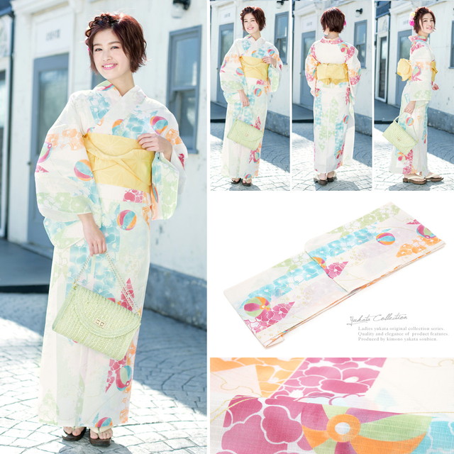 浴衣セット レディース レトロ 浴衣セット 大人 3点セット 白系 ホワイト カラフル 黄色 雪輪 椿 紙風船 ラメ 綿 紅梅織 半幅帯 女性 ボヌールセゾン フリー 浴衣セット レディース レトロ 浴衣セット 大人 3点セット 白系