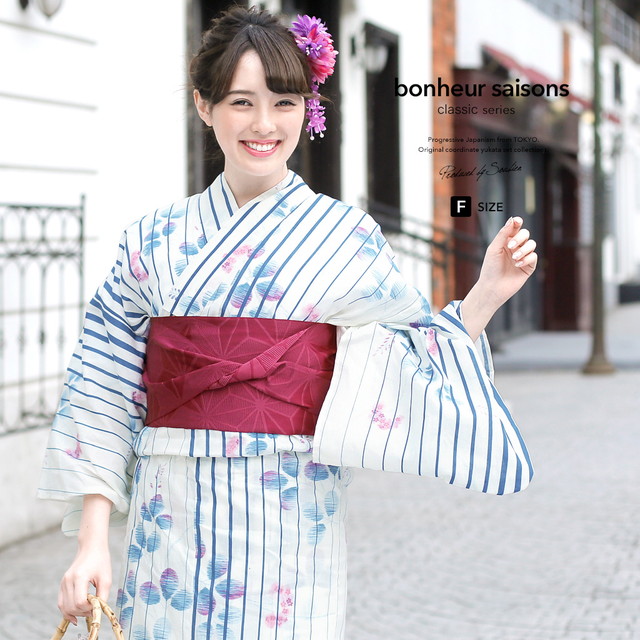 浴衣セット レディース レトロ 浴衣セット 大人 3点セット 白系 ホワイト 紺 紫系 萩 縞 綿麻 半幅帯 女性 ボヌールセゾン フリー