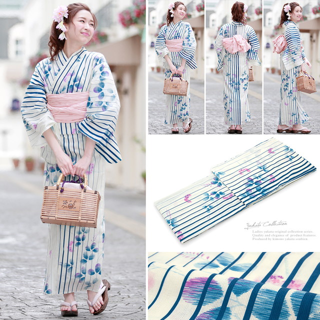 浴衣セット レディース レトロ 浴衣セット 大人 3点セット 白系 ホワイト 紺 ピンク 萩 縞 綿麻 兵児帯 女性 ボヌールセゾン フリー 浴衣セット レディース レトロ 浴衣セット 大人 3点セット 白系