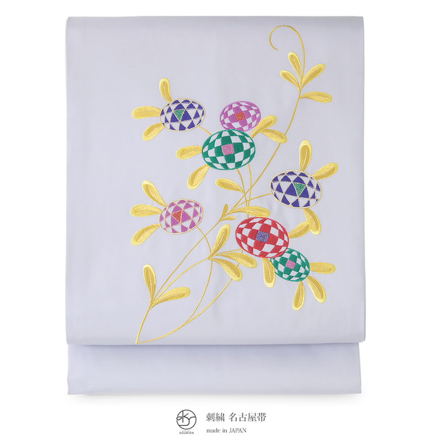 名古屋帯 九寸名古屋帯 灰色 グレー 花 フラワー 刺繍 お太鼓柄 アートモダン 名古屋仕立て カジュアル なごや帯 仕立て上がり 日本製