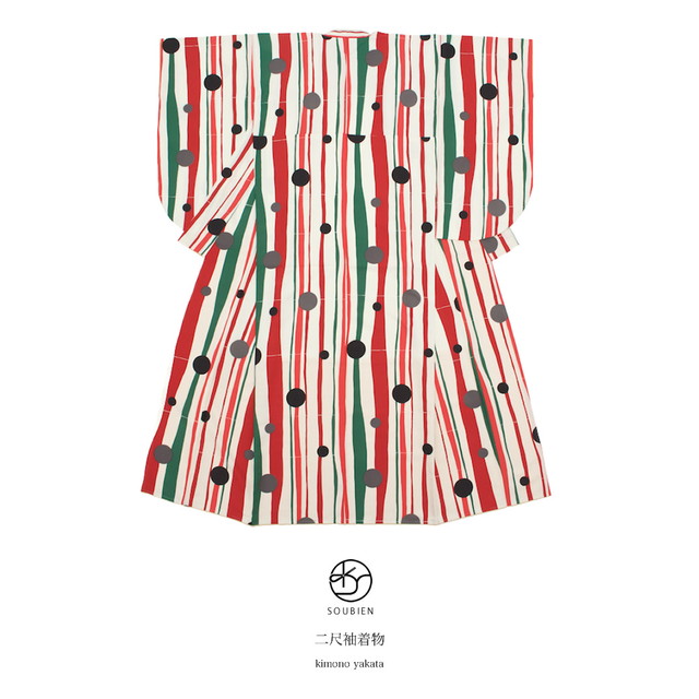 袴用二尺袖着物 ブランド bonheur saisons（ボヌールセゾン） 白 アイボリー 赤 緑 黒 よろけ縞 水玉 ドット アートモダン 小振袖 卒業式 謝恩会 女性 レディース 仕立て上がり