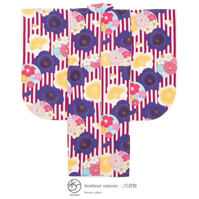 袴用二尺袖着物 ブランド bonheur saisons（ボヌールセゾン） 赤紫色 パープル 青紫 縞 梅 菊 椿 桜 花丸 菊紗綾形 レトロモダン 小振袖 卒業式 女性 レディース 仕立て上がり