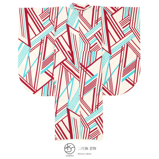 袴用二尺袖着物 白系 アイボリー 赤 水色 線 ライン 幾何学模様 アートモダン 小紋柄 小振袖 卒業式 謝恩会 女性 レディース 仕立て上がり