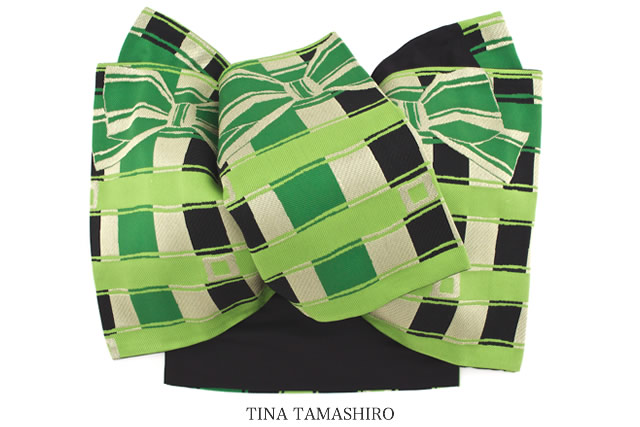 袋帯 振袖用 玉城ティナ キスミス 緑 グリーン 黒 金 格子 チェック 絹 六通柄 成人式 レディース 仕立て上がり 日本製 送料無料