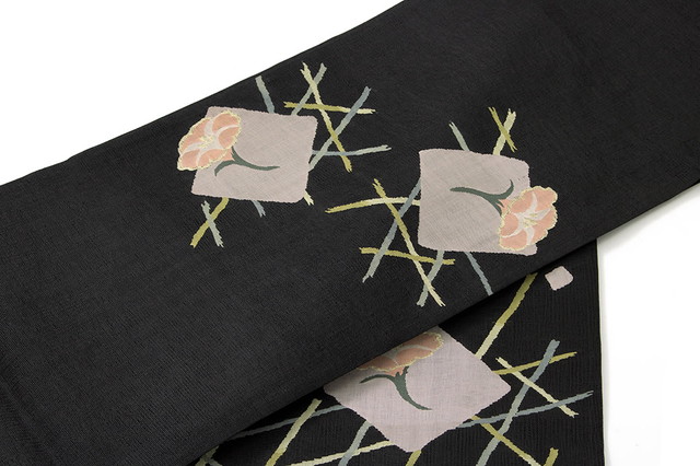 【未仕立て】袋帯 黒 ブラック 籬 朝顔 花 綴織 正絹 お太鼓柄 カジュアル 夏向き 未仕立て】袋帯 黒 ブラック 籬 朝顔 花 綴織 正絹 お太鼓柄