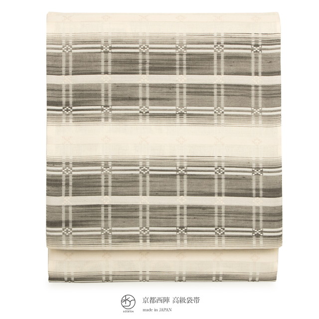 【未仕立て】袋帯 弥栄織物 灰色 グレー 生成り色 縞 バツ 菱 格子 正絹 京都西陣織 有楽 279 六通柄 夏向き 単衣向き 軽め フォーマル カジュアル 日本製