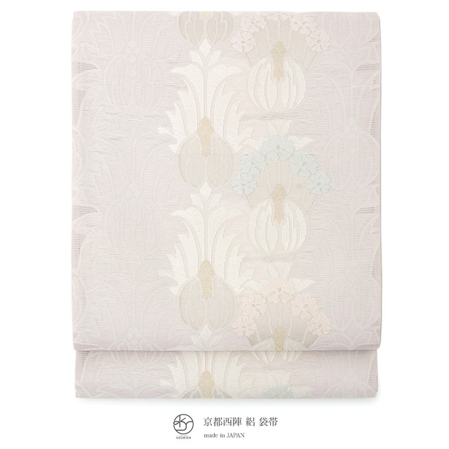 【未仕立て】袋帯 姫野織物 ピンク系 ライトピンク アザミ 花 絽 京都西陣織 555 六通柄 夏向き フォーマルカジュアル 日本製