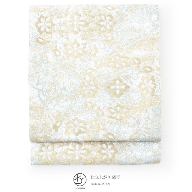 袋帯 フォーマル 訪問着用 付け下げ 色無地 小杉織物謹製 ベージュ 薄茶色 ゴールド 金色 花唐草 鏡裏 菱 全通柄 仕立て上がり 日本製 送料無料