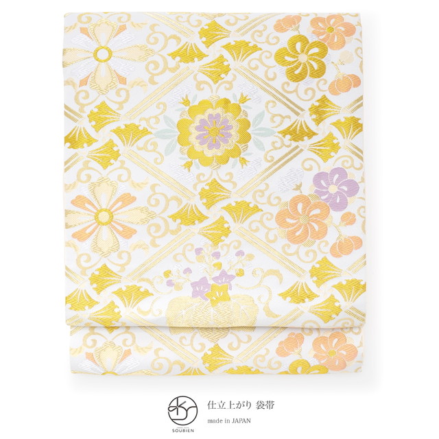袋帯 フォーマル 訪問着用 付け下げ 色無地 小杉織物謹製 白 ホワイト 金色 ゴールド 花菱 全通柄 仕立て上がり 日本製 送料無料