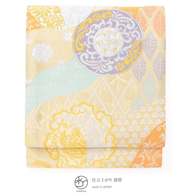 袋帯 フォーマル 訪問着用 付け下げ 色無地 小杉織物謹製 ベージュ 薄茶色 ゴールド 金色 花唐草 鏡裏 菱 全通柄 仕立て上がり 日本製 送料無料