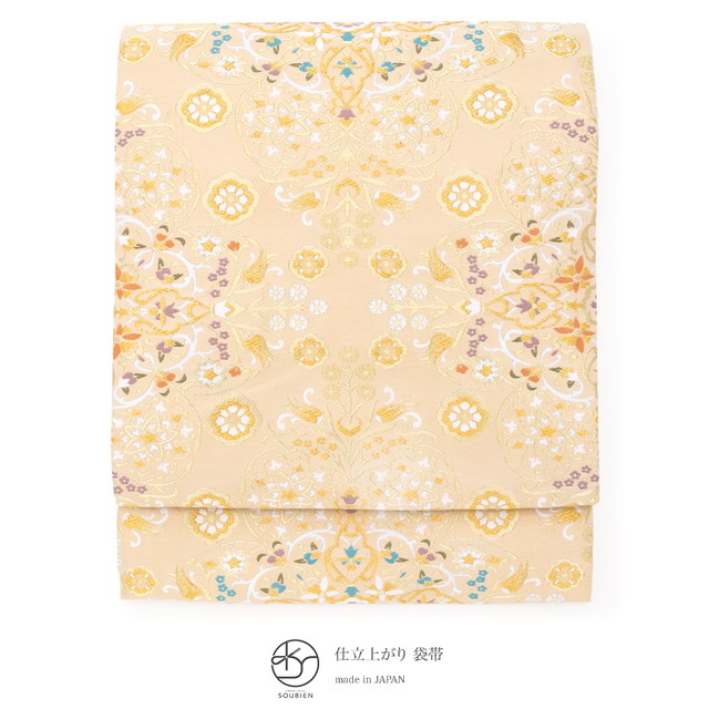 袋帯 フォーマル 訪問着用 付け下げ 色無地 小杉織物謹製 ベージュ 金色 花唐草 エキゾチック 全通柄 仕立て上がり 日本製 送料無料