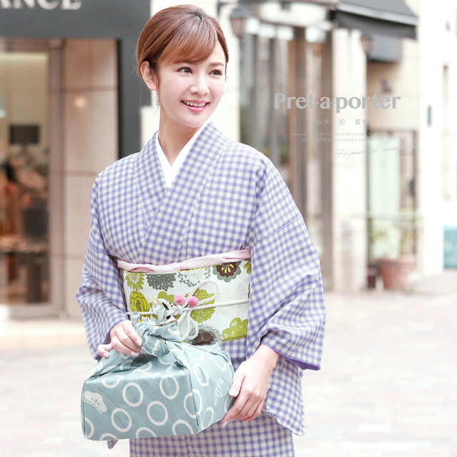 洗える着物 袷 着物 洗える プレタ着物 小紋 bonheur saisons（ボヌールセゾン） 格子 紫 Mサイズ Lサイズ  レディース