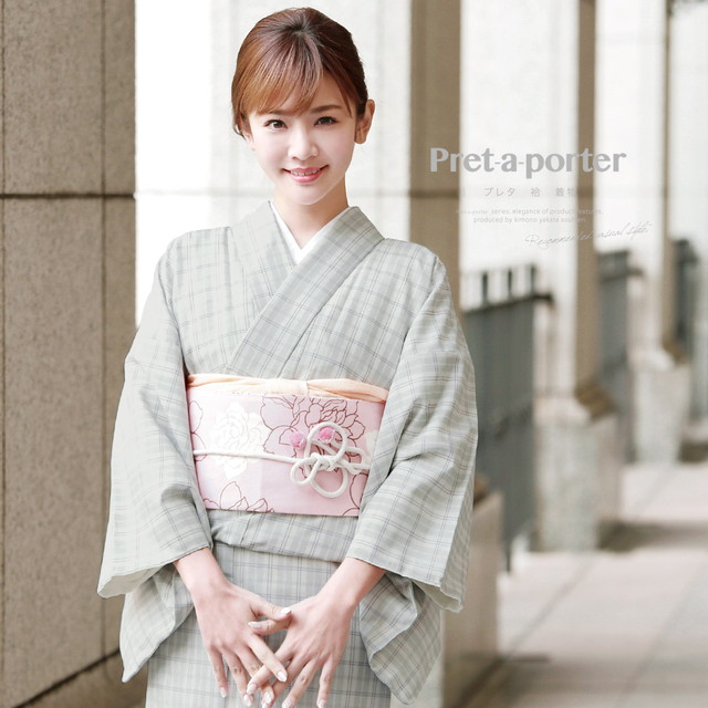 洗える着物 袷 着物 洗える プレタ着物 小紋 bonheur saisons（ボヌールセゾン） 格子 グレー Mサイズ Lサイズ  レディース