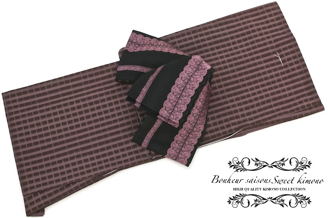 洗える着物 袷 着物 洗える プレタ着物 小紋 bonheur saisons（ボヌールセゾン） 赤紫 格子 カジュアル 【Mサイズ】【Lサイズ】【送料無料】 レディース