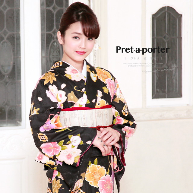 着物 洗える 洗える着物 袷 プレタ着物 bonheur saisons 黒 ブラック 桜 梅 橘 椿 紅葉 宝尽くし 小紋 ボヌールセゾン レディース きもの 仕立て上がり【送料無料】