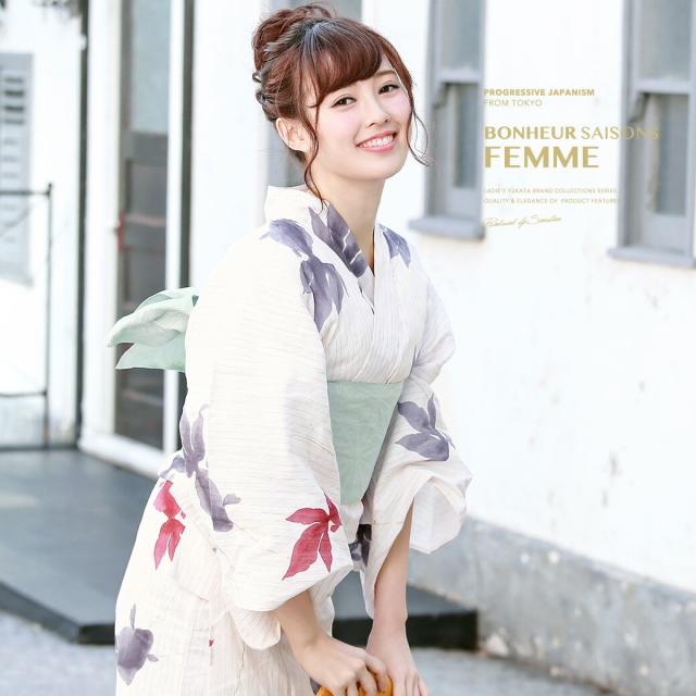 浴衣セット レディース レトロ 浴衣セット 大人 3点セット 白系 ホワイト 水色 金魚 絣縞 ラメ 綿麻 半幅帯 女性 ボヌールセゾン S フリー