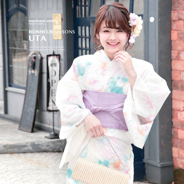 浴衣セット レディース レトロ 浴衣セット 大人 3点セット 白系 ホワイト 紫 椿 金魚 ラメ 綿 紅梅 半幅帯 女性 ボヌールセゾン