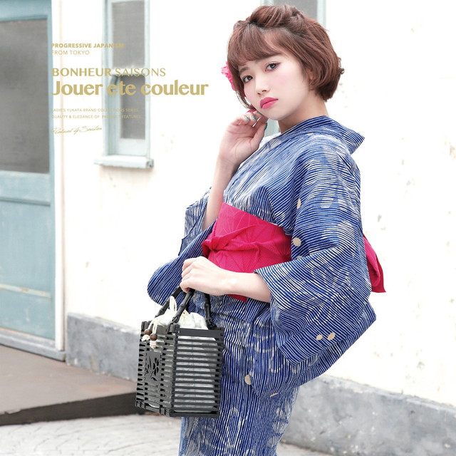 浴衣セット レディース レトロ 浴衣セット 大人 3点セット 青 ブルー ピンク系 花 金魚 縞 ストライプ 綿 ラメ 半幅帯 女性 ボヌールセゾン S フリー