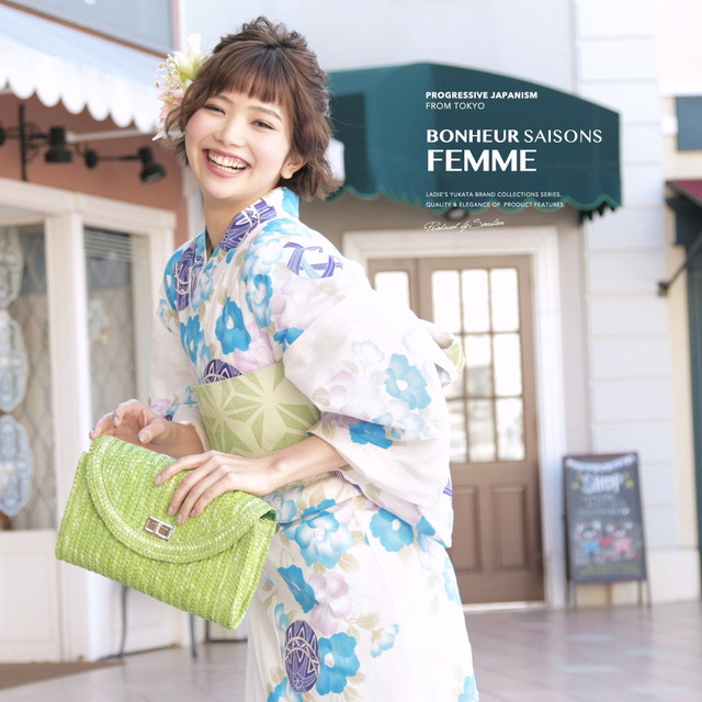 浴衣セット レディース レトロ 浴衣セット 大人 3点セット 白系 ホワイト 水色 黄緑 椿 つばき 鞠 ラメ 綿麻 半幅帯 女性 ボヌールセゾン