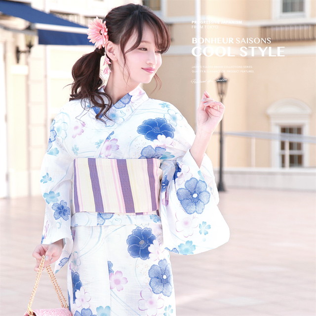 浴衣セット レディース レトロ 浴衣セット 大人 3点セット 白系 ホワイト 青 アイボリー 椿 桜 綿 ラメ 綿 半幅帯 女性 ボヌールセゾン S フリー