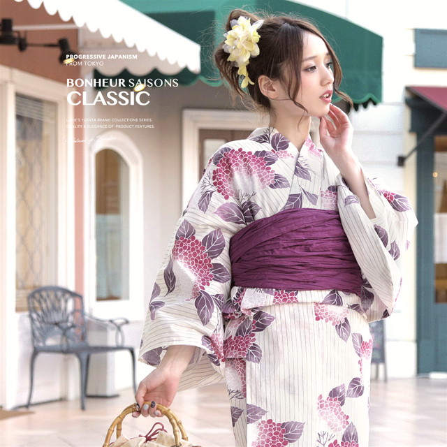 浴衣セット レディース レトロ 浴衣セット 大人 3点セット 白系 ホワイト 紫系 紫陽花 あじさい 縞 花 綿麻 兵児帯 女性 ボヌールセゾン