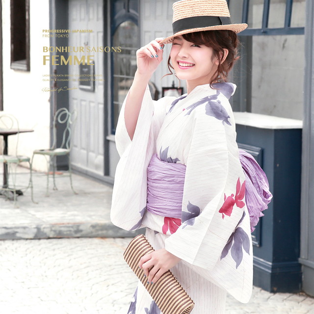 浴衣セット レディース レトロ 浴衣セット 大人 3点セット 白系 ホワイト 紫 金魚 絣縞 ラメ 綿麻 兵児帯 女性 ボヌールセゾン