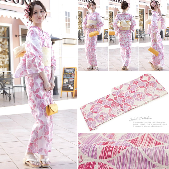 浴衣セット レディース レトロ 浴衣セット 大人 3点セット ピンク 白