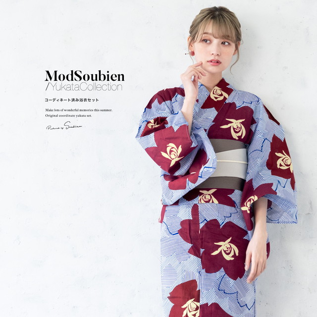 浴衣 セット レディース 浴衣セット 半幅帯 2023 大人 3点セット 青系 ブルー 赤 黒 白 花 縞 S フリー ボヌールセゾン 送料無料