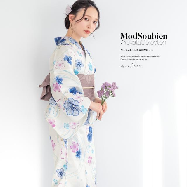 浴衣 セット レディース 浴衣セット 半幅帯 2023 大人 3点セット 白系 オフホワイト 青 ブルー 薄紫 椿 桜 パープル S フリー 送料無料