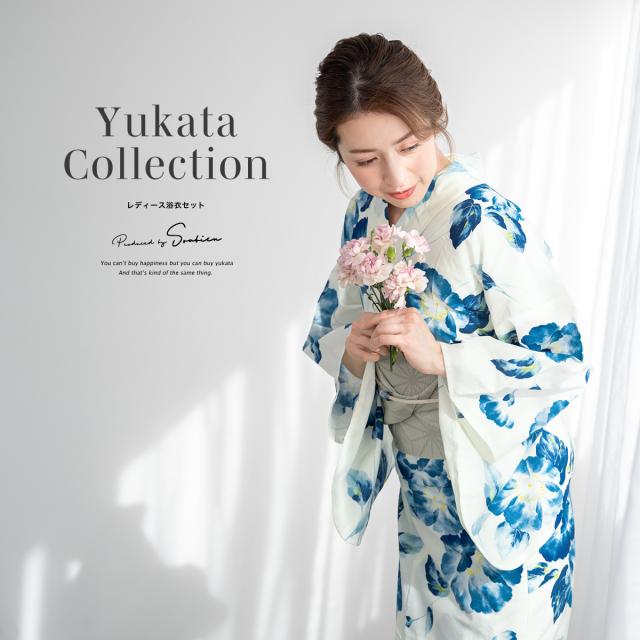 浴衣 セット レディース 浴衣セット 半幅帯 大人 3点セット ホワイト 白系 ネイビー 藍 ポピー 花 グレー S フリー 30代 40代 50代 ママ 送料無料