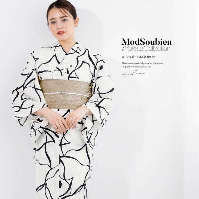 浴衣 セット レディース 浴衣セット 半幅帯 2024 大人 3点セット ホワイト 白系 千鳥 和柄 ベージュ S フリー 送料無料