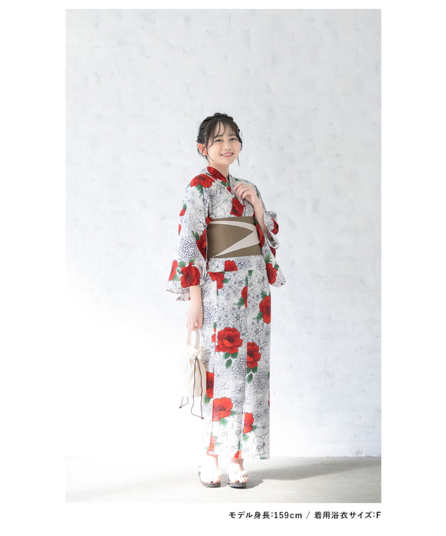 浴衣 セット レディース 浴衣セット 半幅帯 2023 大人 3点セット ホワイト 白 赤 椿 ツバキ 百合 ユリ 花 モダン グレージュ S フリー 送料無料 浴衣 セット レディース 浴衣セット 半幅帯 2023 大人 3点セット