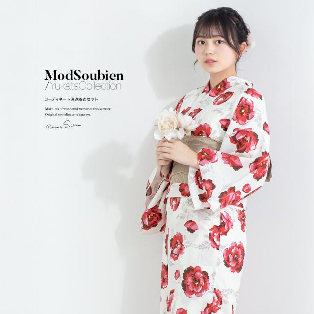 浴衣 セット レディース 浴衣セット 半幅帯 2023 大人 3点セット ホワイト 白 レッド 赤 牡丹 ボタン 花 フラワー ベージュ S フリー 送料無料