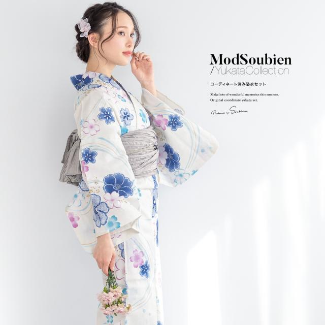浴衣 セット レディース 浴衣セット 兵児帯 2023 大人 3点セット 白系 オフホワイト 青 ブルー 薄紫 椿 桜 グレージュ S フリー 送料無料