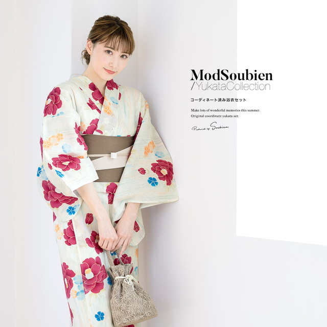 浴衣セット レディース 浴衣セット 半幅帯 大人 3点セット ボヌールセゾン 生成り色 赤 青 グレージュ 椿 花 桜草 雨縞 ラメ 綿 夏 フリーサイズ