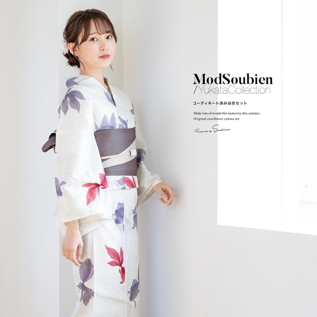 浴衣セット レディース 浴衣セット 半幅帯 大人 3点セット ボヌールセゾン 白 オフホワイト 赤 紫 金魚 絣縞 ラメ 綿麻 夏 Sサイズ フリーサイズ