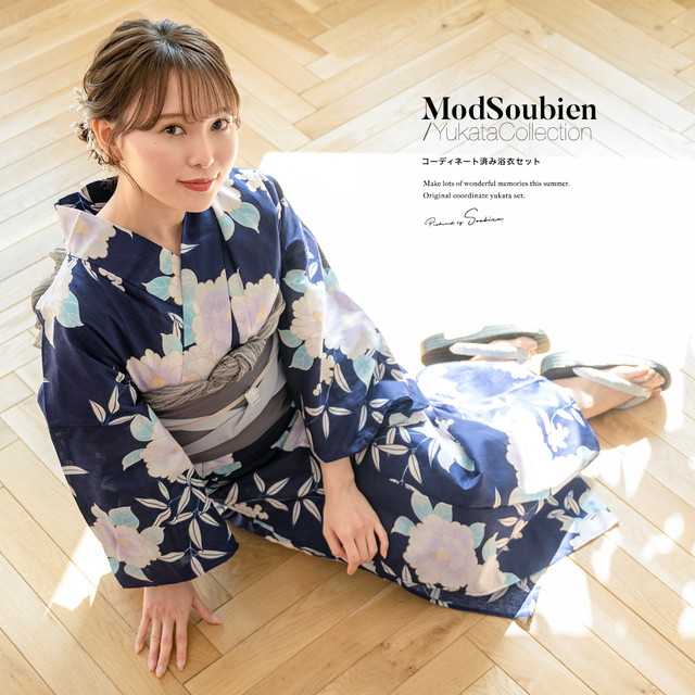 浴衣セット レディース 浴衣セット 半幅帯 大人 3点セット ボヌールセゾン 紺 ネイビー 白 グレー 椿 ツバキ つばき 葉 ラメ 綿麻 夏 フリーサイズ