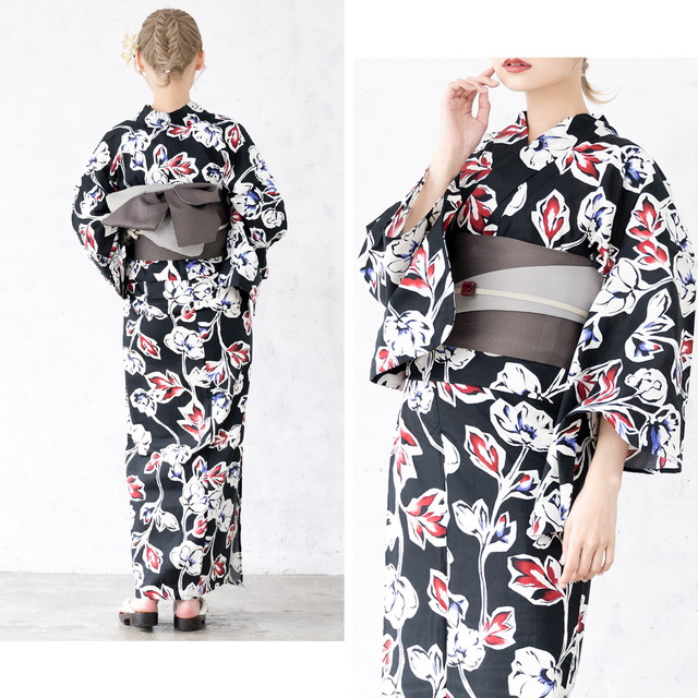 浴衣セット レディース 浴衣セット 半幅帯 大人 3点セット ブラック 黒