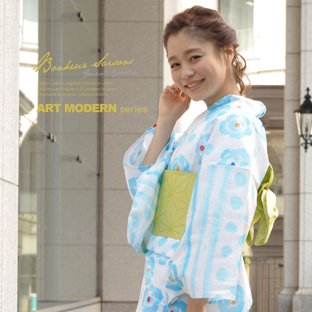 浴衣セット レディース レトロ 浴衣セット 大人 3点セット 白 ホワイト 水色 黄緑 薔薇 バラ ローズ 花 ドット 綿 半幅帯 女性 ボヌールセゾン フリー