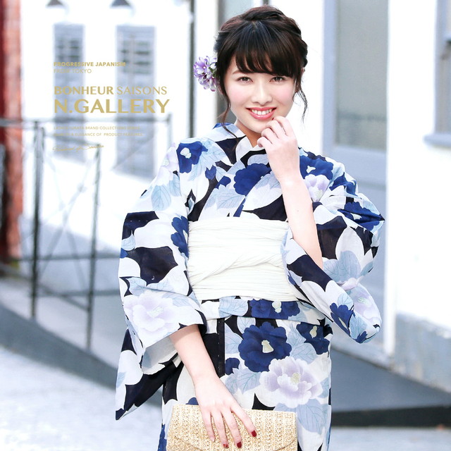 浴衣セット レディース レトロ 浴衣セット 大人 3点セット 紺系 ネイビー 白 椿 つばき 花 綿 兵児帯 女性 ボヌールセゾン