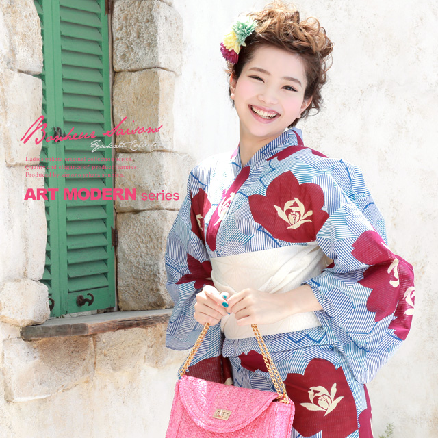 浴衣セット レディース レトロ 浴衣セット 大人 3点セット 青 ブルー 赤 白 花 縞 ストライプ 綿 半幅帯 女性 ボヌールセゾン