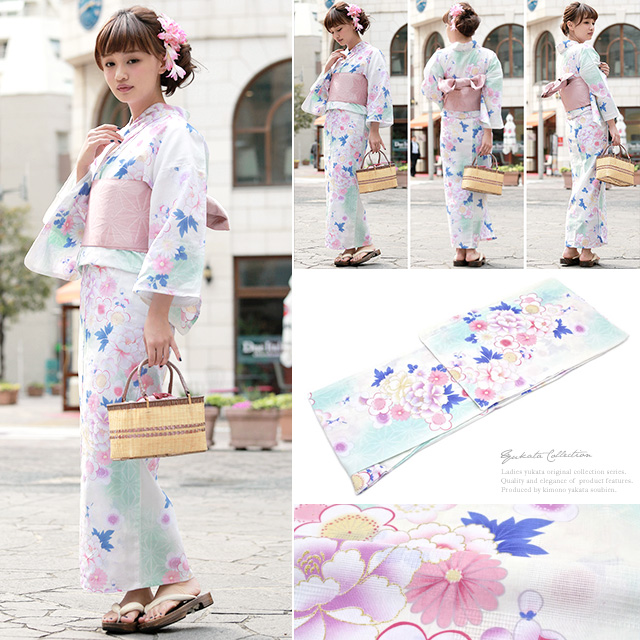 浴衣セット レディース レトロ 浴衣セット 大人 3点セット 白系