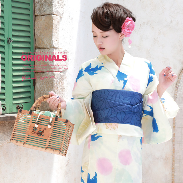 浴衣セット レディース レトロ 浴衣セット 大人 3点セット 白系 ホワイト 紺 金魚 水面 うずまき 水玉 ラメ 綿 半幅帯 女性 ボヌールセゾン