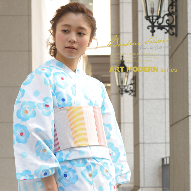 浴衣セット レディース レトロ 浴衣セット 大人 3点セット 白 ホワイト 水色 黄色 薔薇 バラ ローズ 花 ドット 綿 半幅帯 女性 ボヌールセゾン フリー
